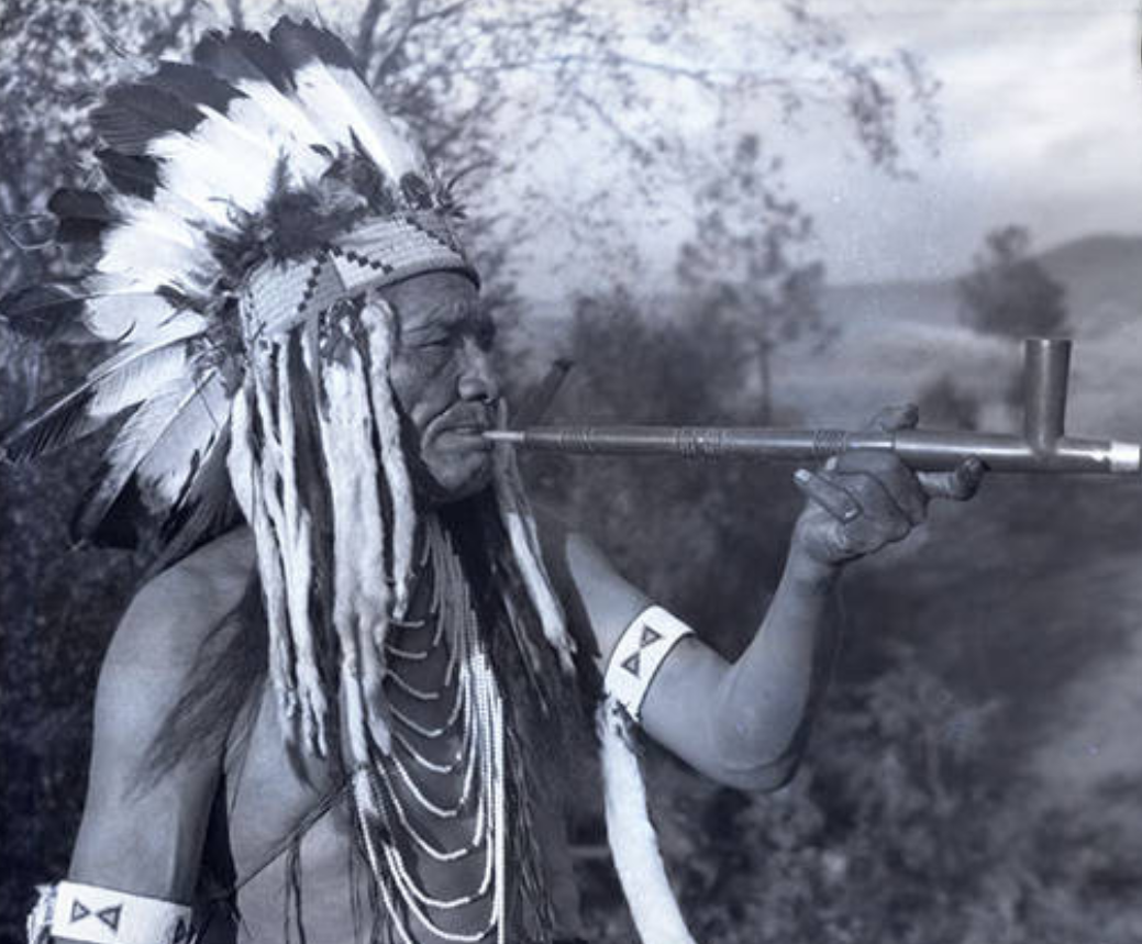 Photograph of Flathead Chief Smoking Pipe in Headdress
